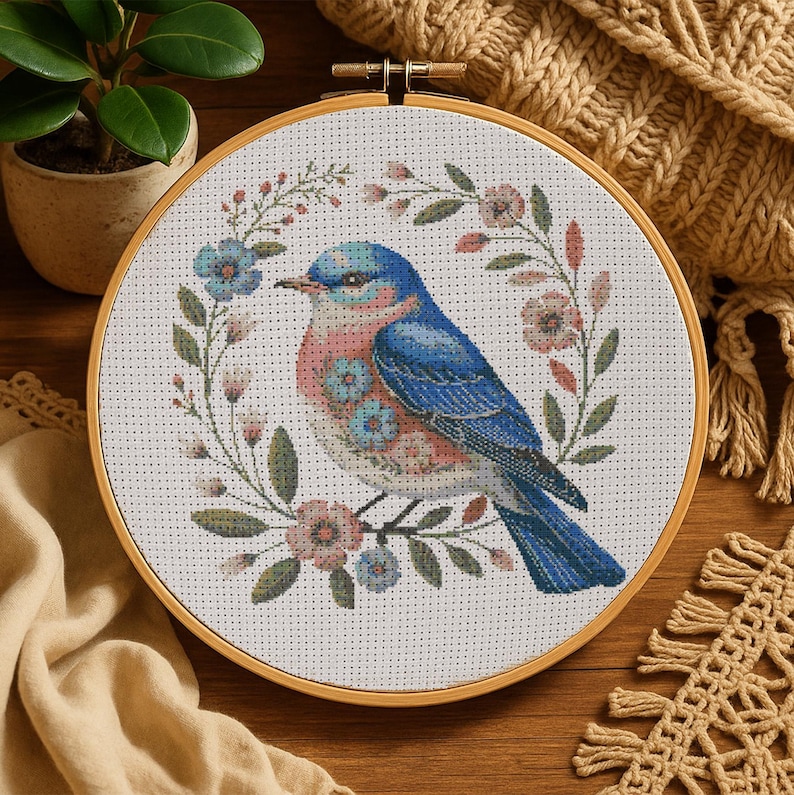 Bluebird in Floral Wreath Cross Stitch Pattern Spring Bird Embroidery ...