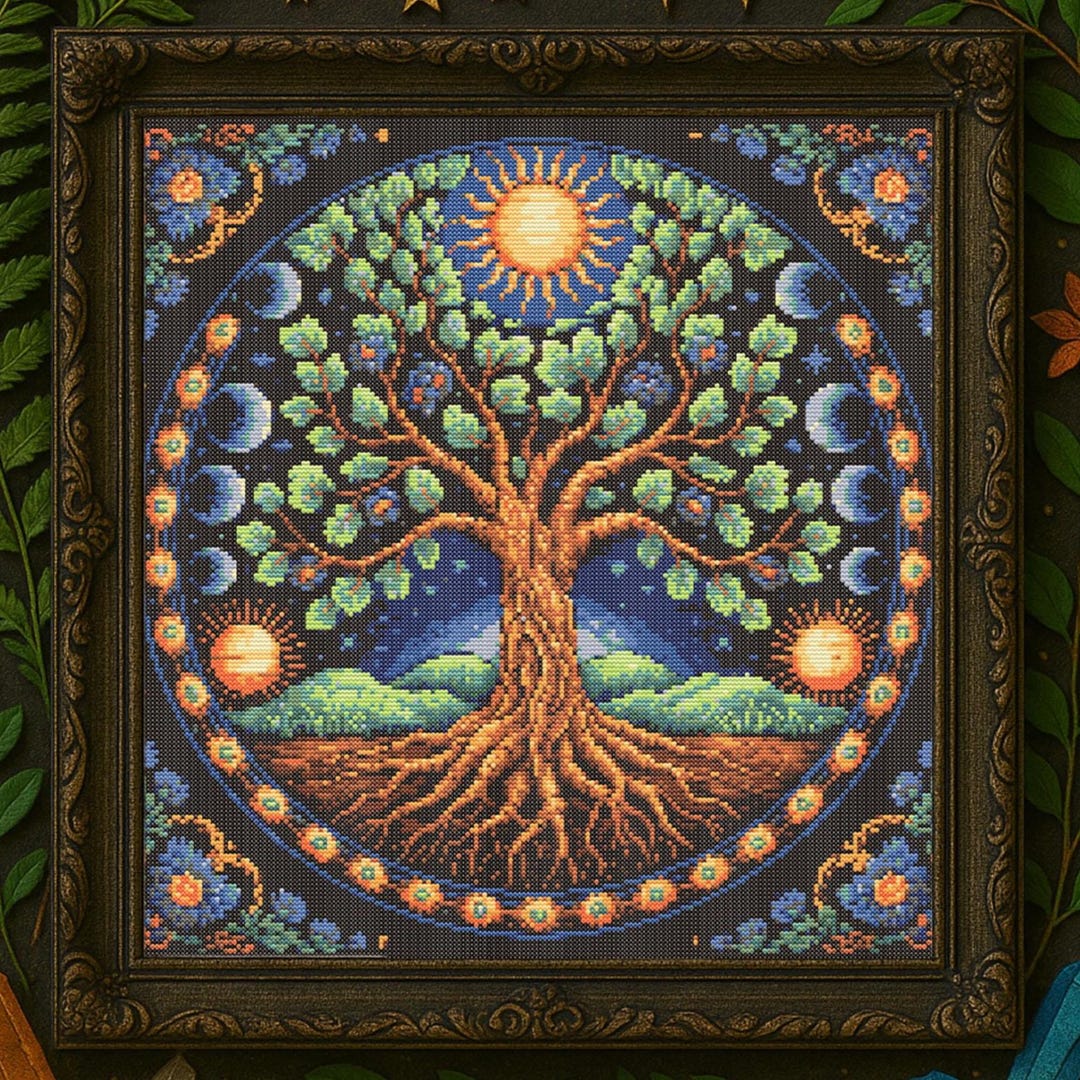 Moon Phases Tree Cross Stitch Pattern Cosmic Tree of Life Stained Glass ...