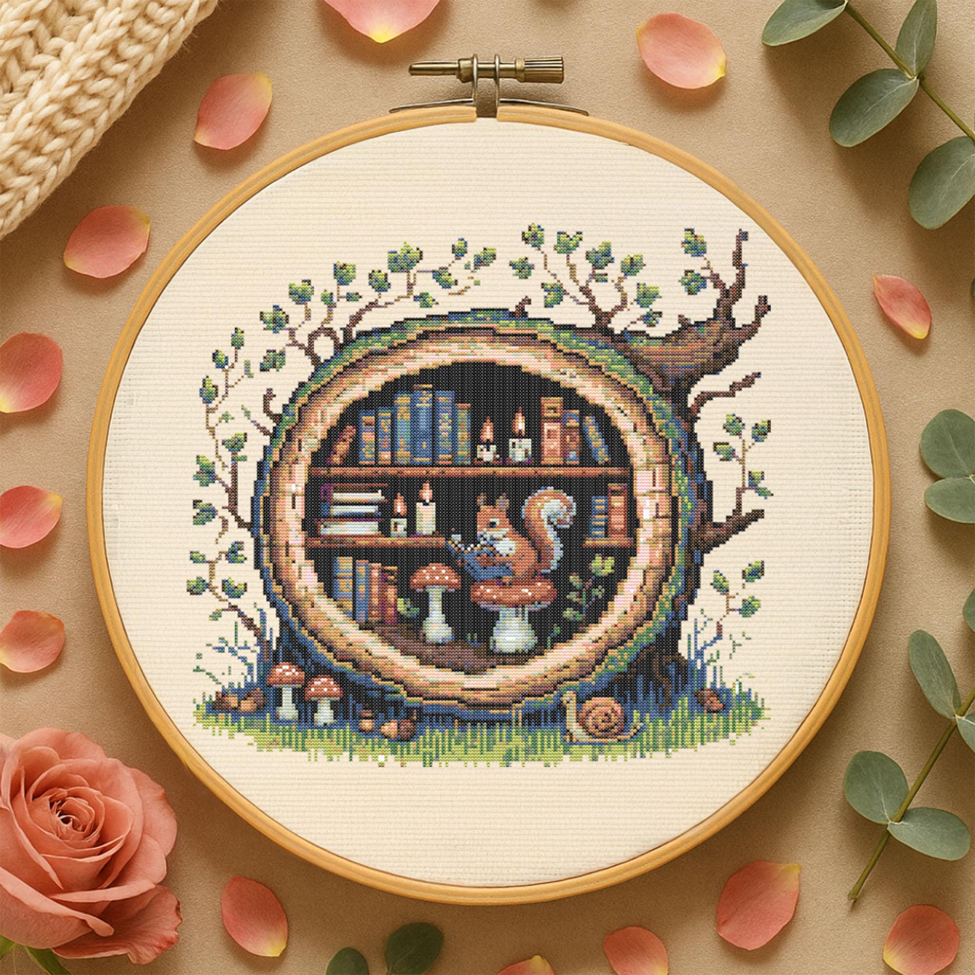 Enchanted Forest Library Cross Stitch Pattern Whimsical Squirrel ...