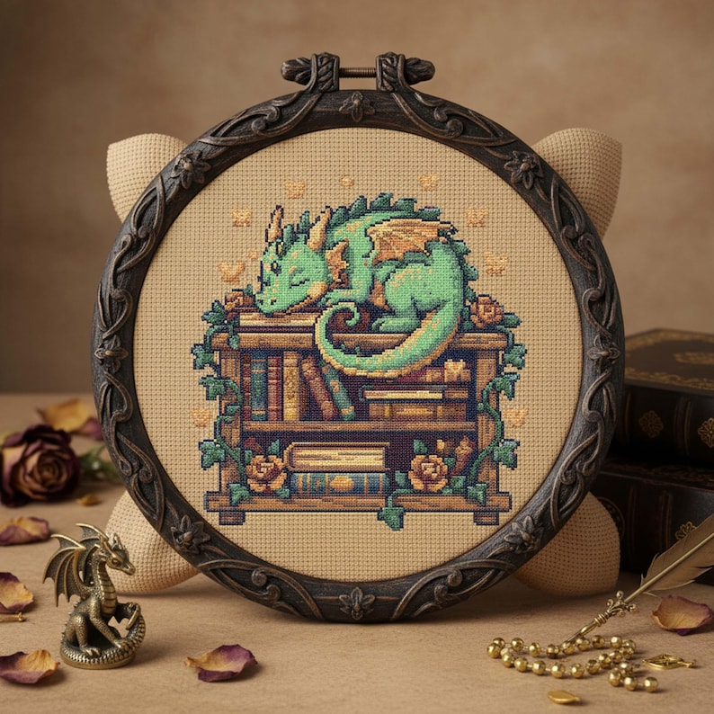 Sleeping Dragon on Bookshelf Cross Stitch Pattern: Fantasy Gothic ...