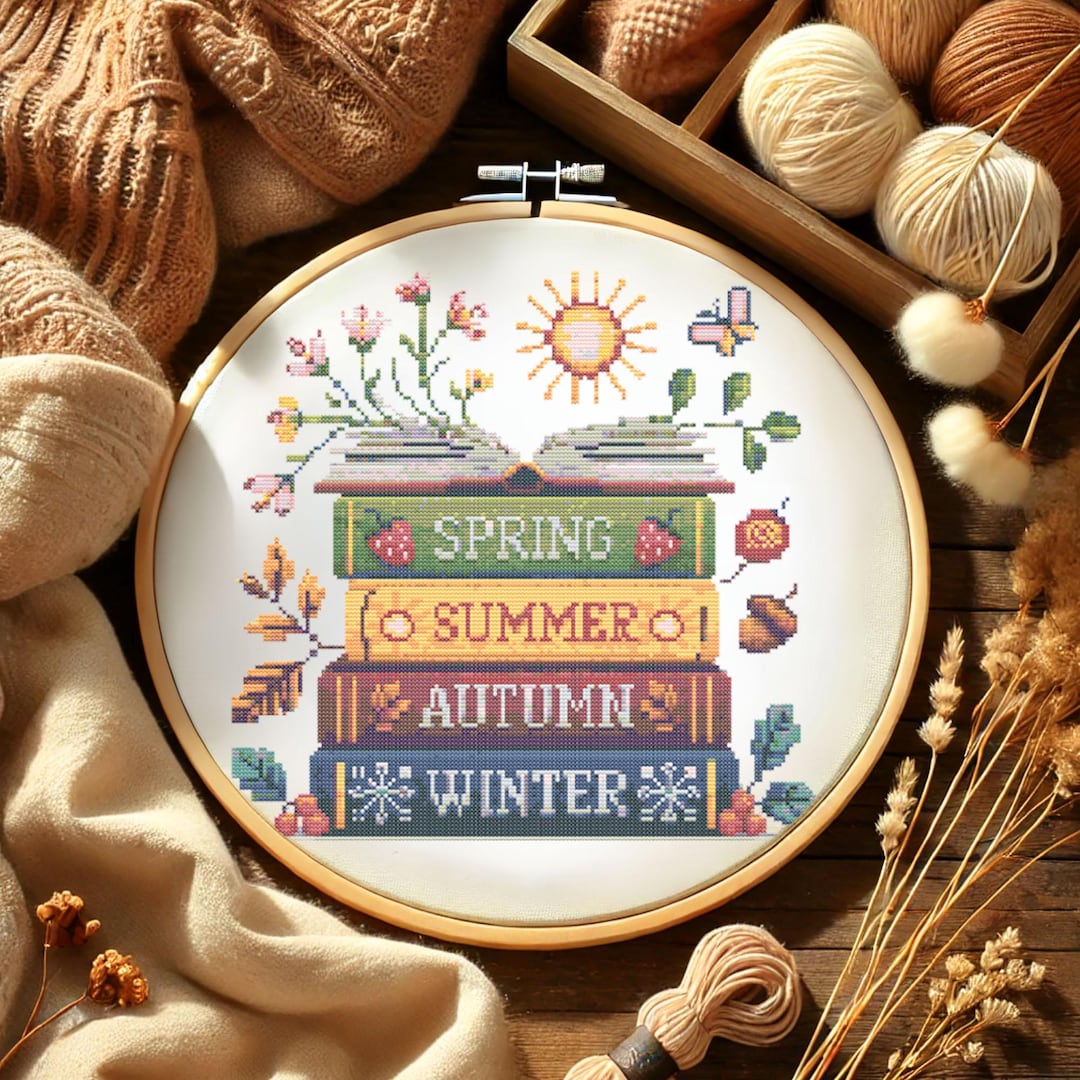 Four Seasons Book Stack Cross Stitch Pattern Seasonal Library Stack ...