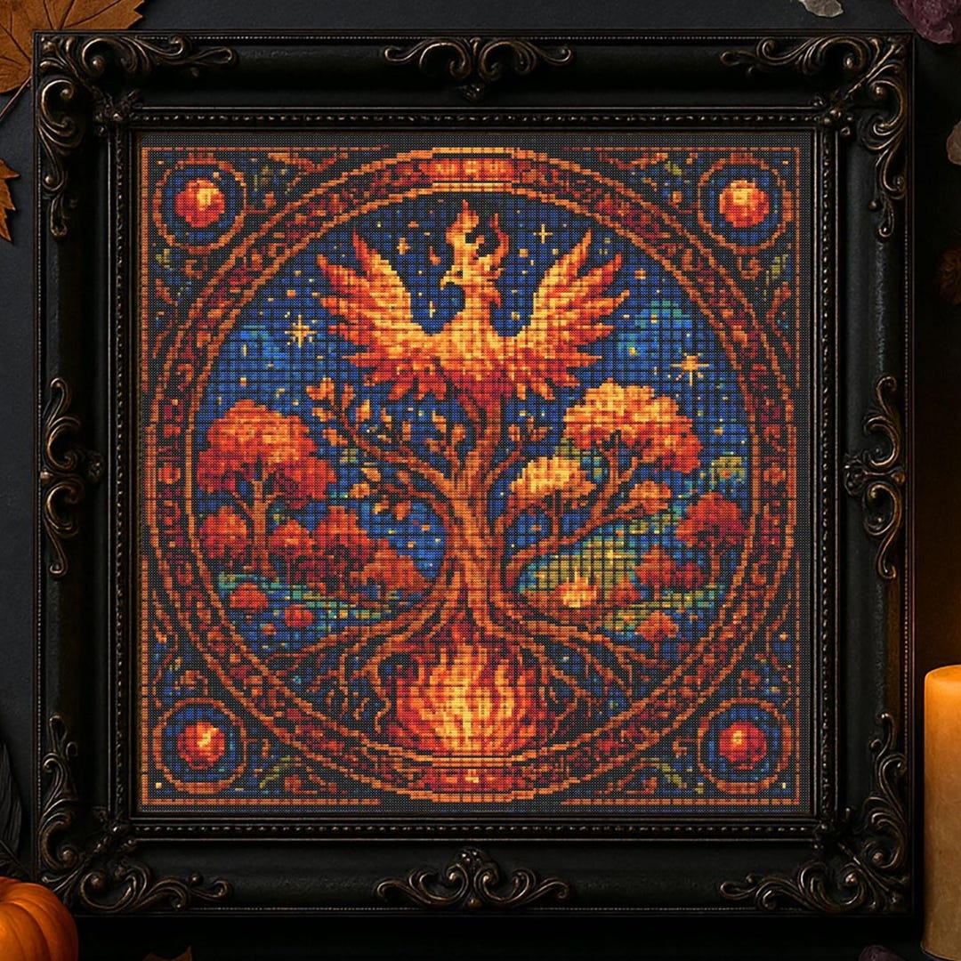 Phoenix Tree Cross Stitch Pattern Magical Firebird in Stained Glass ...
