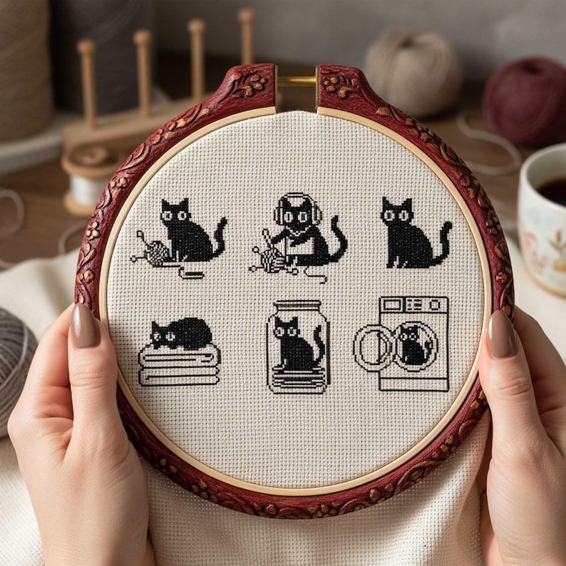 Minimalist Black Cat Cross Stitch Pattern : Kawaii Cat Mini Scenes ...