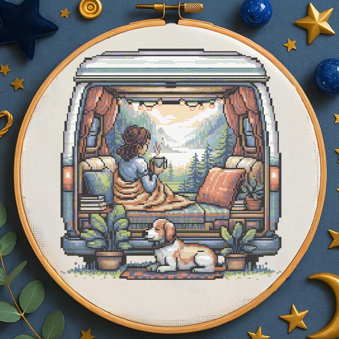 Camper Van Mountain View Cross Stitch Pattern Peaceful Woman and Dog ...