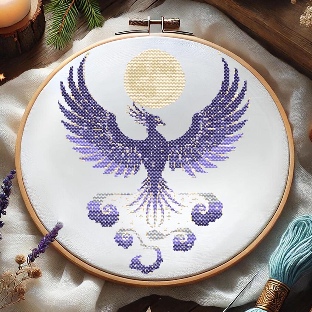 Celestial Phoenix Rising Cross Stitch Pattern, Mythical Bird Embroidery ...