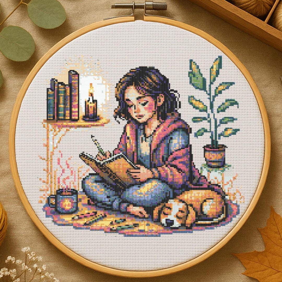 Girl Writing by Candlelight Cross Stitch Pattern Girl Journalers on ...