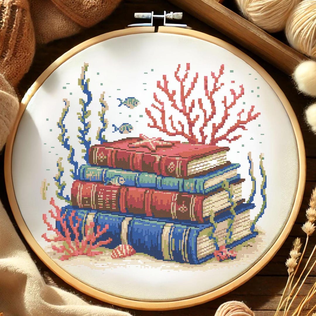Underwater Ocean Book Stack Cross Stitch Pattern Ocean Book Lover ...