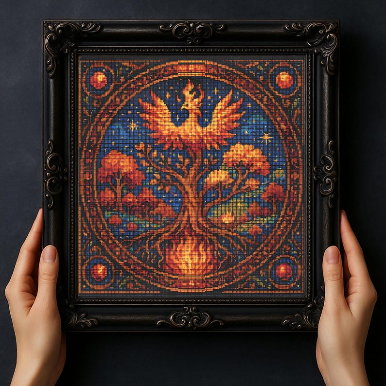 Phoenix Tree Cross Stitch Pattern Magical Firebird in Stained Glass ...