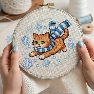 Christmas Cat Cross Stitch Pattern: Cozy Scarf Kitten in Snowy Scene ...