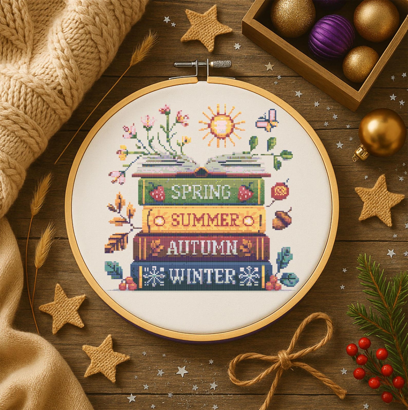 Four Seasons Book Stack Cross Stitch Pattern Seasonal Library Stack ...