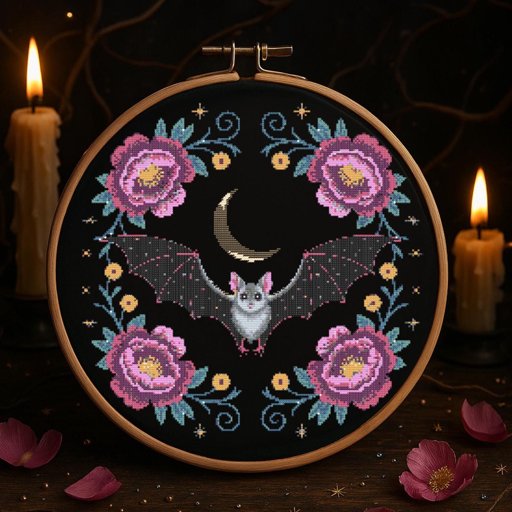 Halloween Bat With Floral Cross Stitch Pattern Moon Bat Fantasy ...