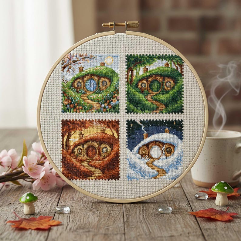 Cozy Fantasy Hobbit House Cross Stitch Pattern: Four Seasons Woodland ...