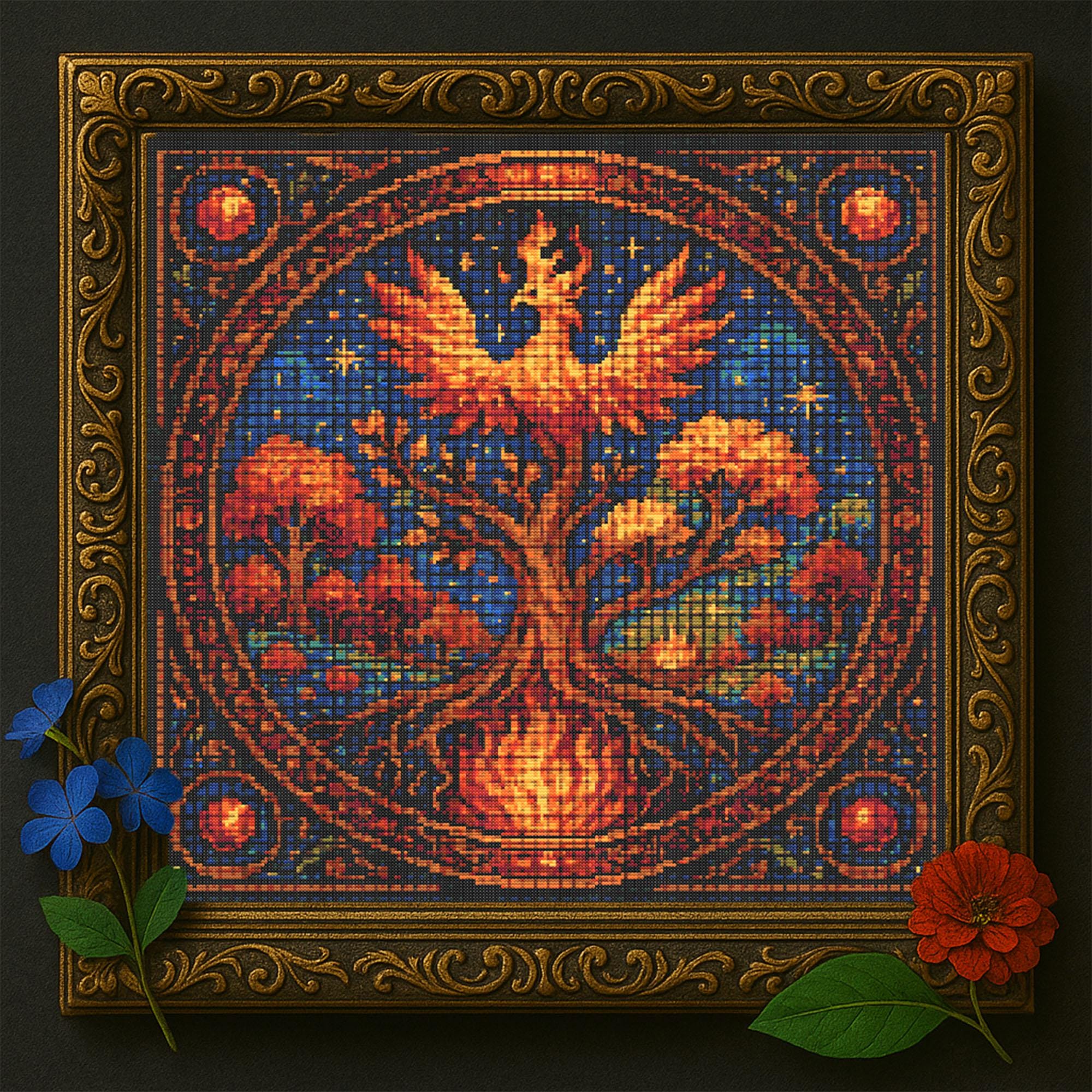 Phoenix Tree Cross Stitch Pattern Magical Firebird in Stained Glass ...