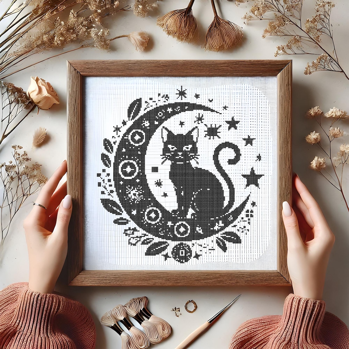 Moonlit Black Cat & Crescent Moon Cross Stitch Pattern, Halloween ...