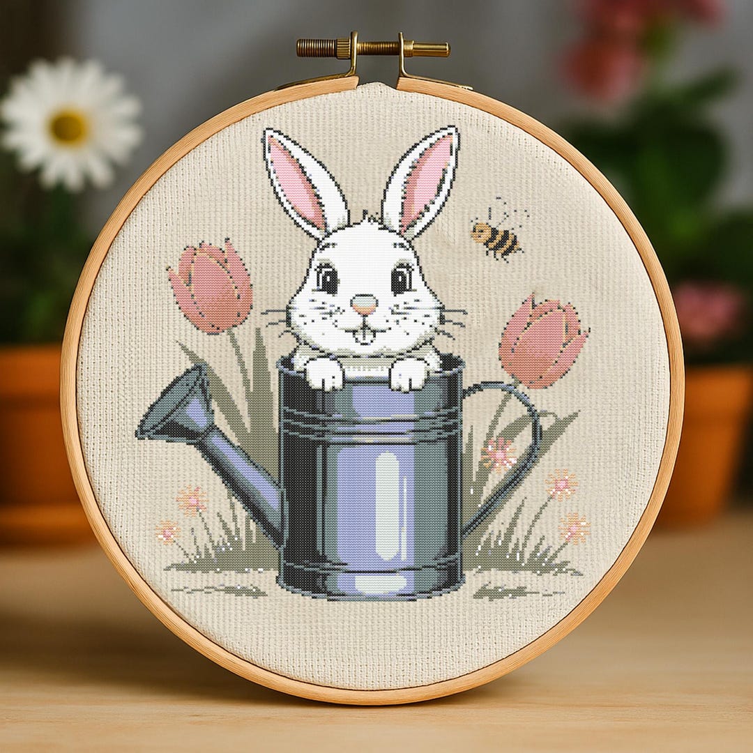 Spring Bunny in Watering Can Cross Stitch Pattern Cute Garden Rabbit ...