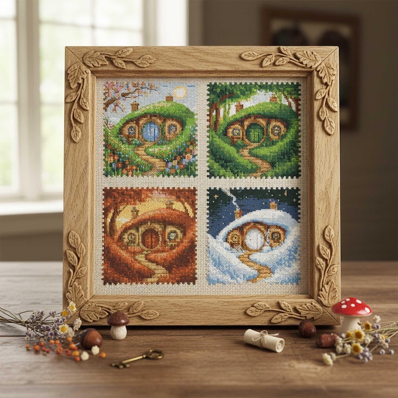 Cozy Fantasy Hobbit House Cross Stitch Pattern: Four Seasons Woodland ...