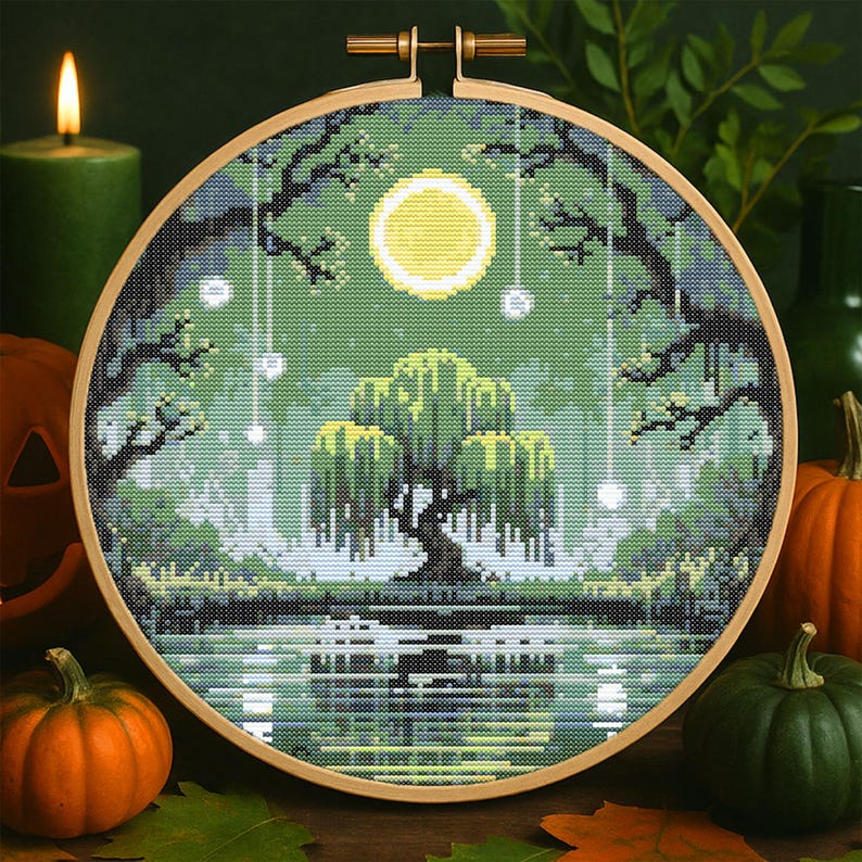 Willow Tree Pond Cross Stitch Pattern Halloween Nighttime Forest ...