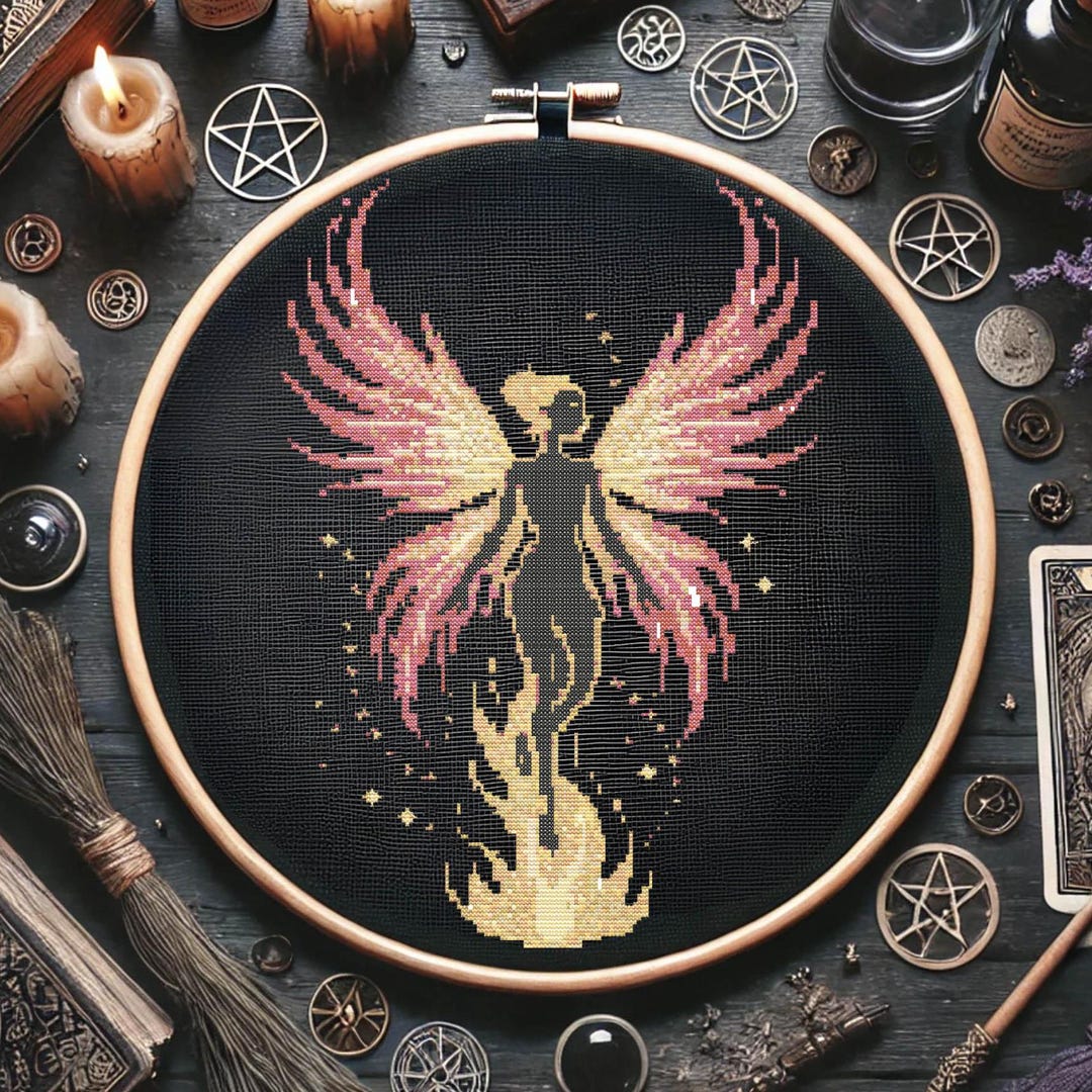 Girl Phoenix Fire Fairy Cross Stitch Pattern, Mystical Fantasy Embroidery, Glowing Wings ...