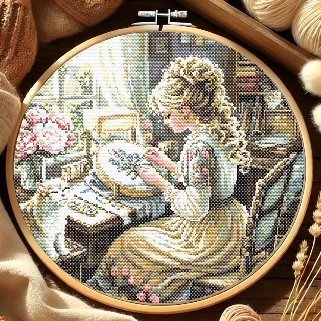 Girl Embroidering in a Sunlit Room Cross Stitch Pattern Cozy Floral ...
