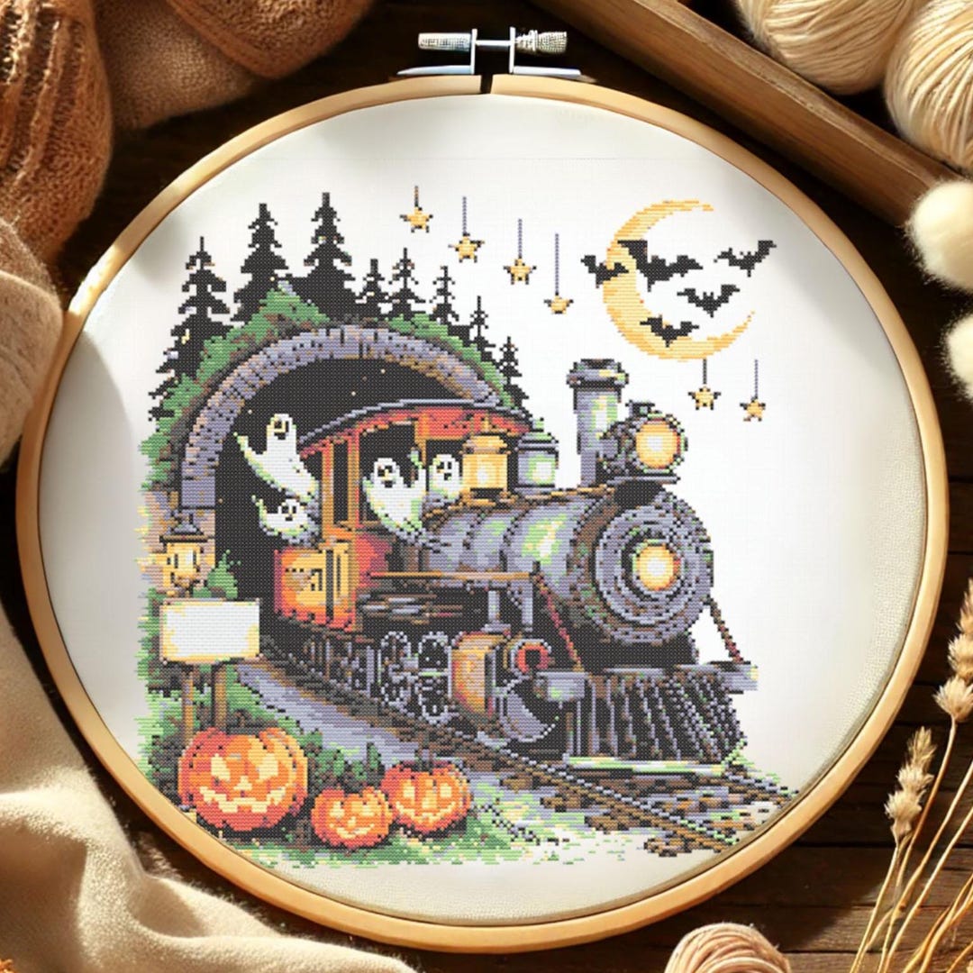 Halloween Ghost Train Cross Stitch Pattern Spooky Night Train ...