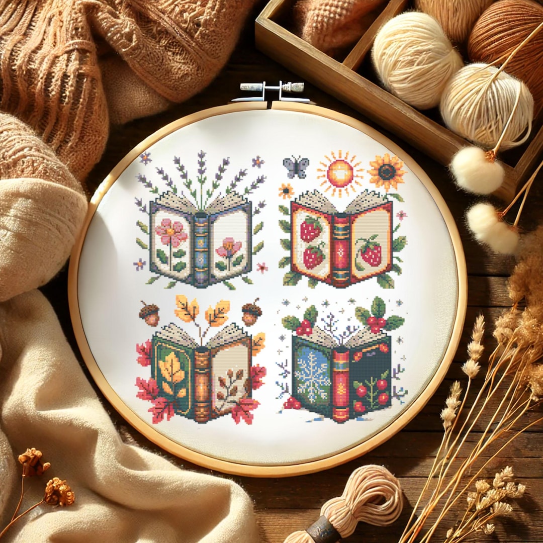 Seasonal Storybooks Cross Stitch Pattern Four Seasons Open Books ...