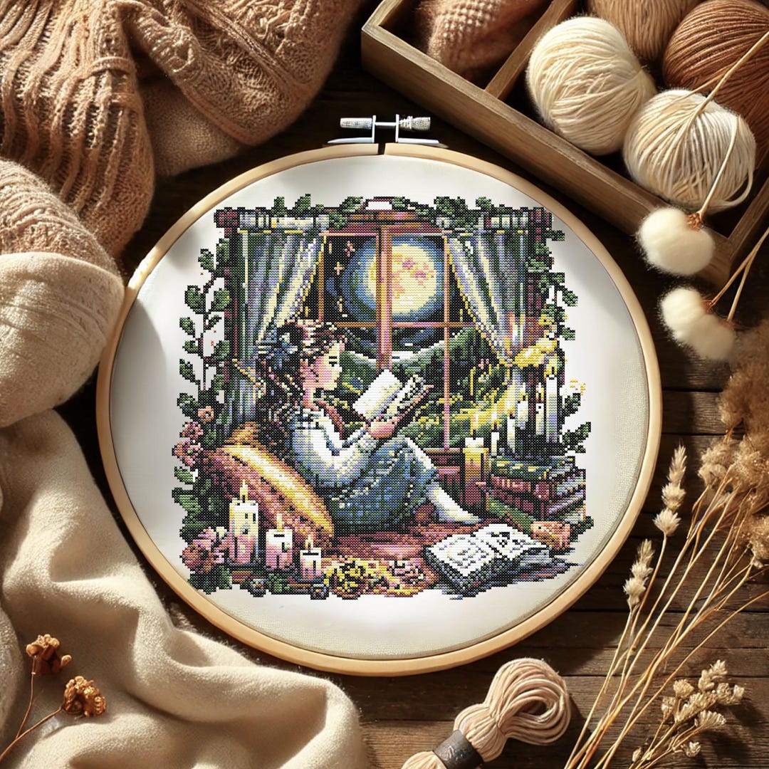 Cozy Girl Reading Cross Stitch Pattern, Girl Reading by Moonlight ...