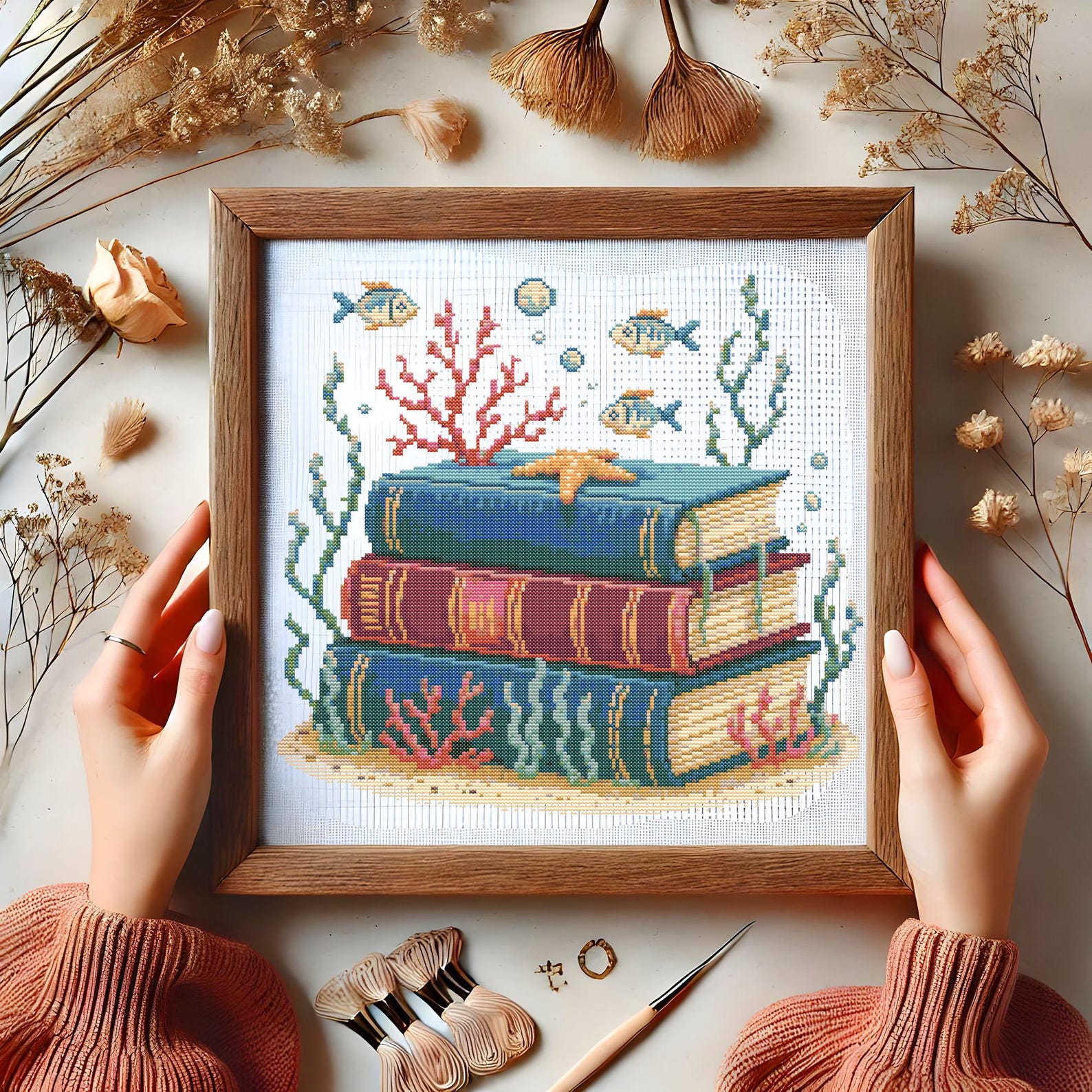 Ocean Book Stack Cross Stitch Pattern Magical Ocean Book Lover ...
