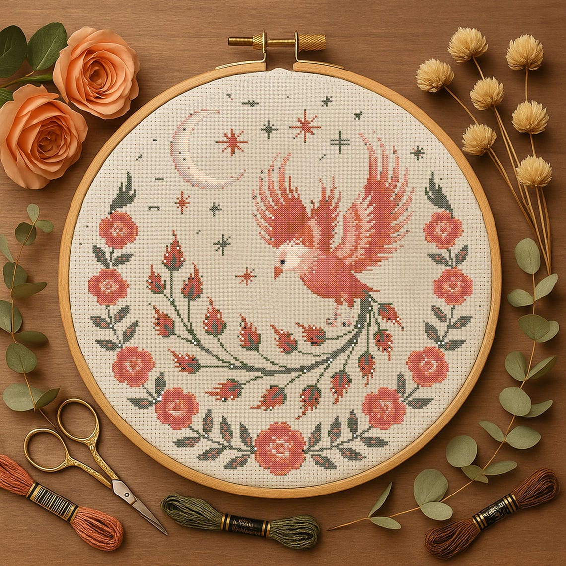 Celestial Phoenix Bird With Flowers Cross Stitch Pattern, Floral ...