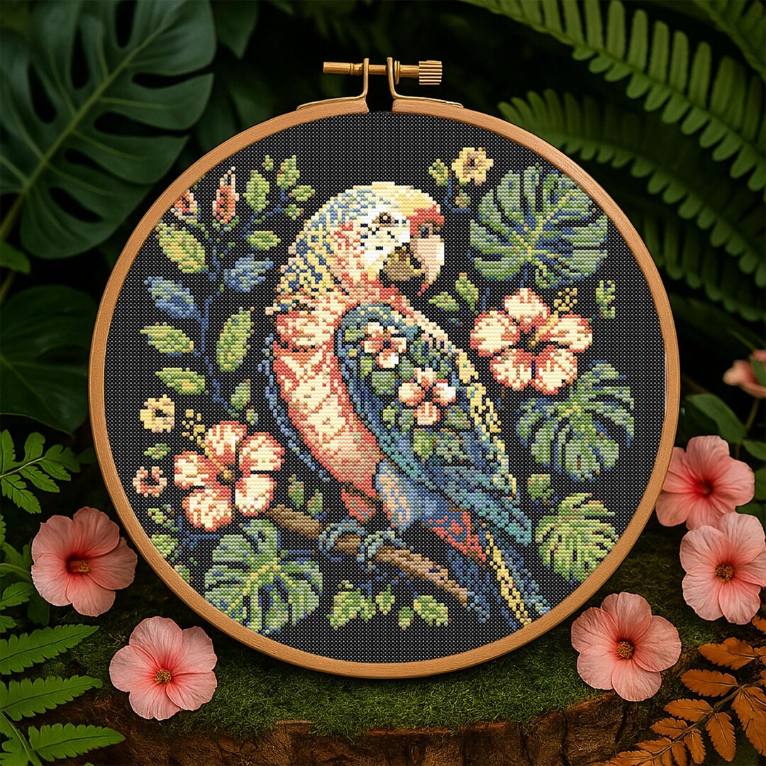 Tropical Parrot With Hibiscus Cross Stitch Pattern, Colorful Bird ...