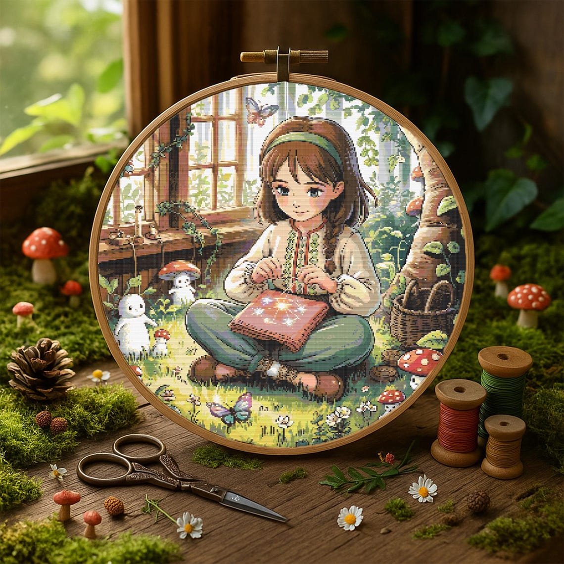 Girl Embroidering in Forest Glade Cross Stitch Pattern Cute ...