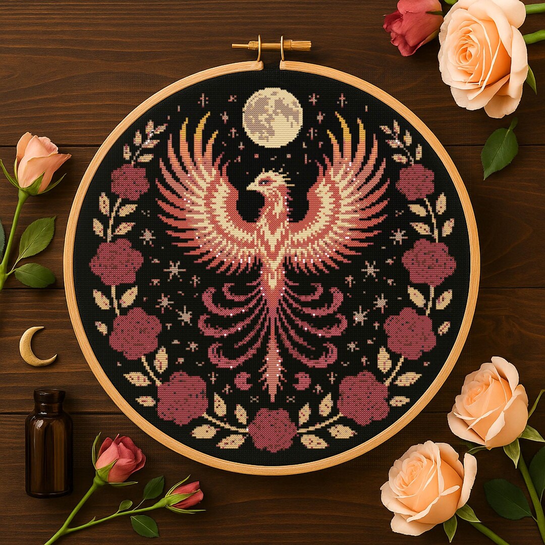 Rose Phoenix Bird With Flowers Cross Stitch Pattern, Floral Phoenix ...