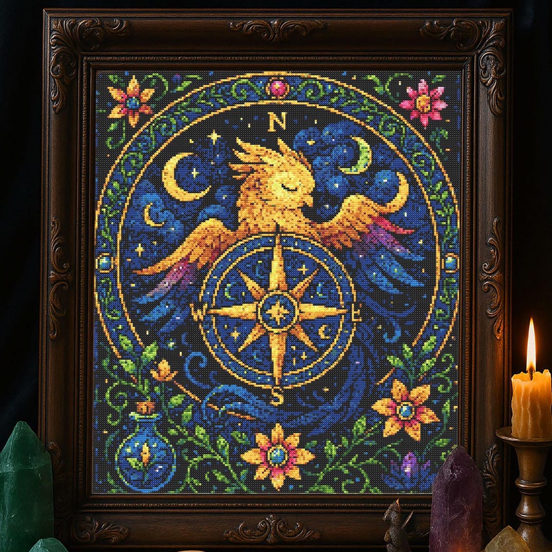 Phoenix With Compass Rose Cross Stitch Pattern Magical Firebird Stained ...
