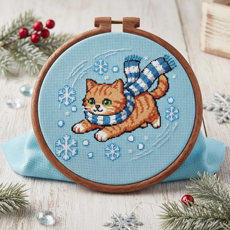 Christmas Cat Cross Stitch Pattern: Cozy Scarf Kitten in Snowy Scene ...