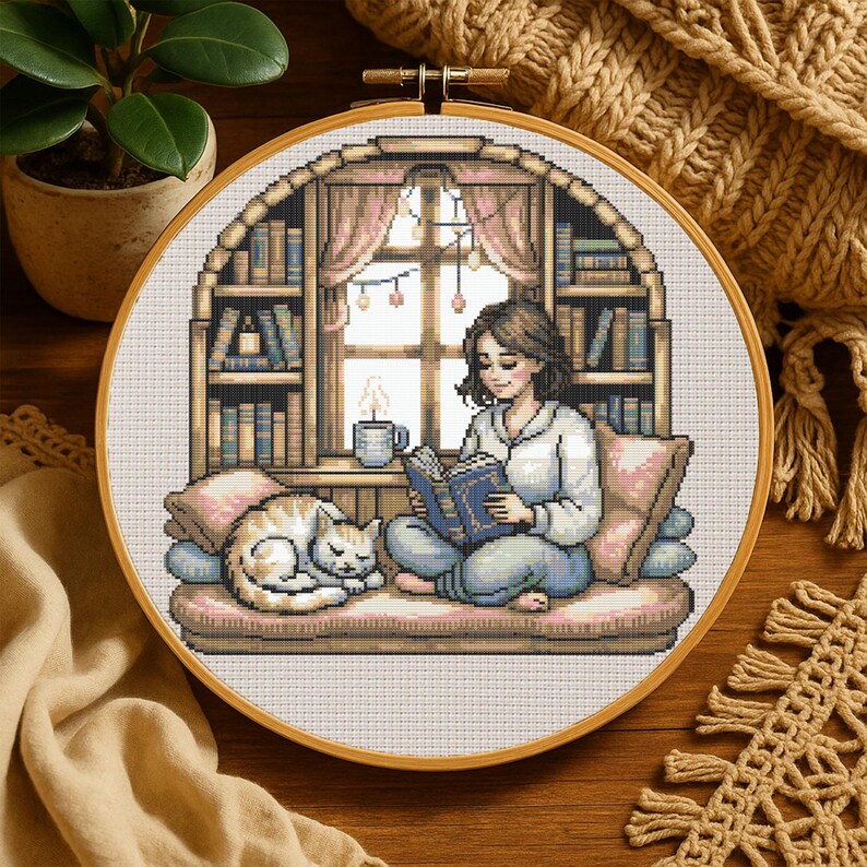 Girl Reading Corner With Cat Cross Stitch Pattern Peaceful Woman ...
