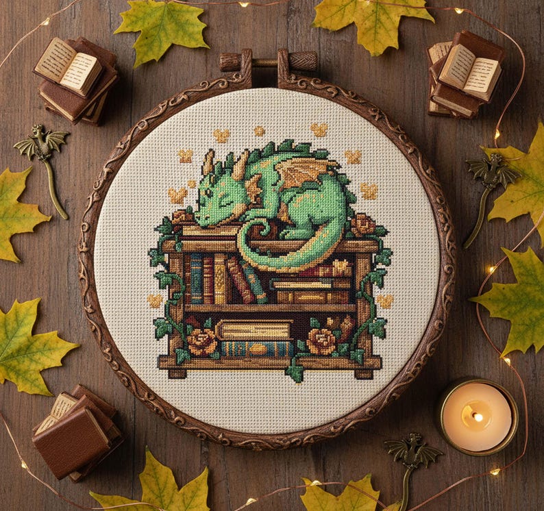 Sleeping Dragon on Bookshelf Cross Stitch Pattern: Fantasy Gothic ...