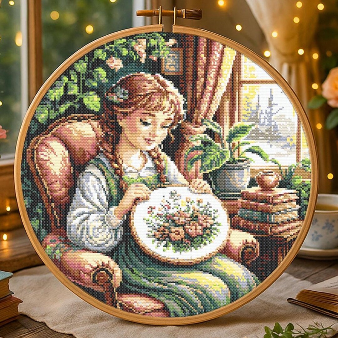 Girl Embroidering in Cozy Chair by Window Cross Stitch Pattern Cozy ...