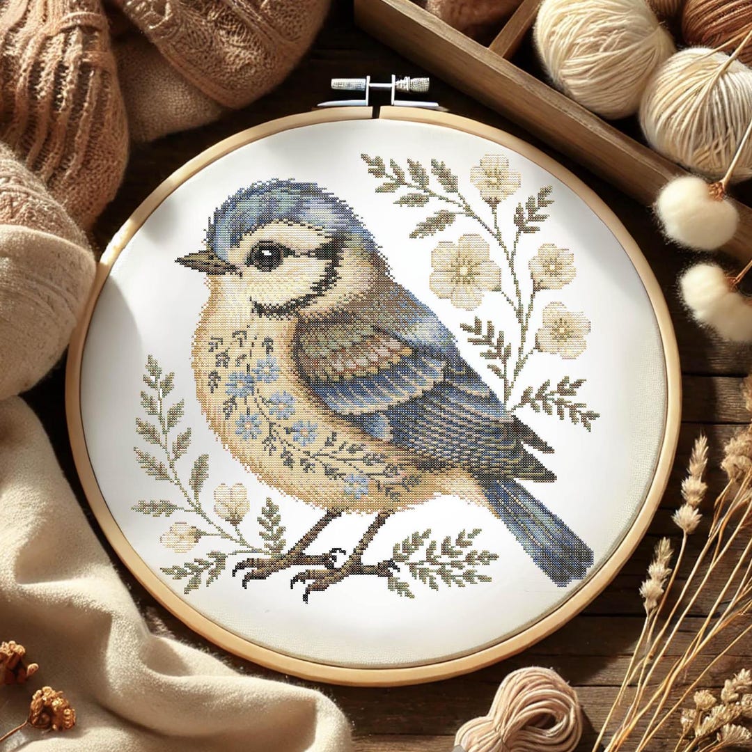 Floral Bluebird Cross Stitch Pattern, Elegant Bird, Wildflowers ...