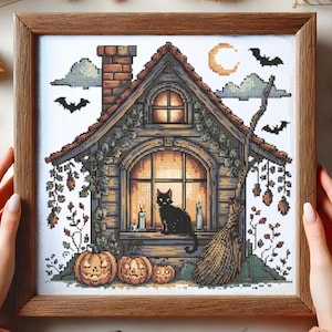 Halloween Witch Cottage With Black Cat Cross Stitch Pattern Spooky ...