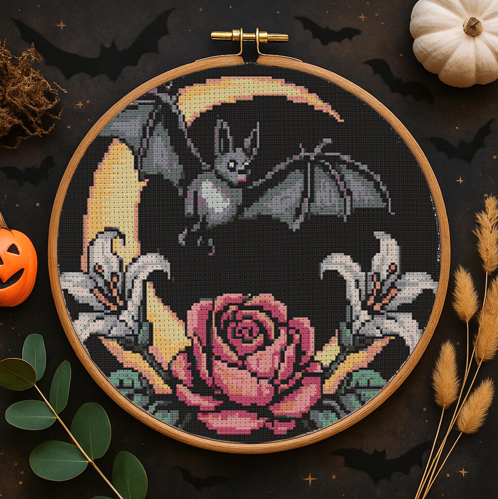 Gothic Bat Flowers Cross Stitch Pattern Celestial Bat Moon Floral ...