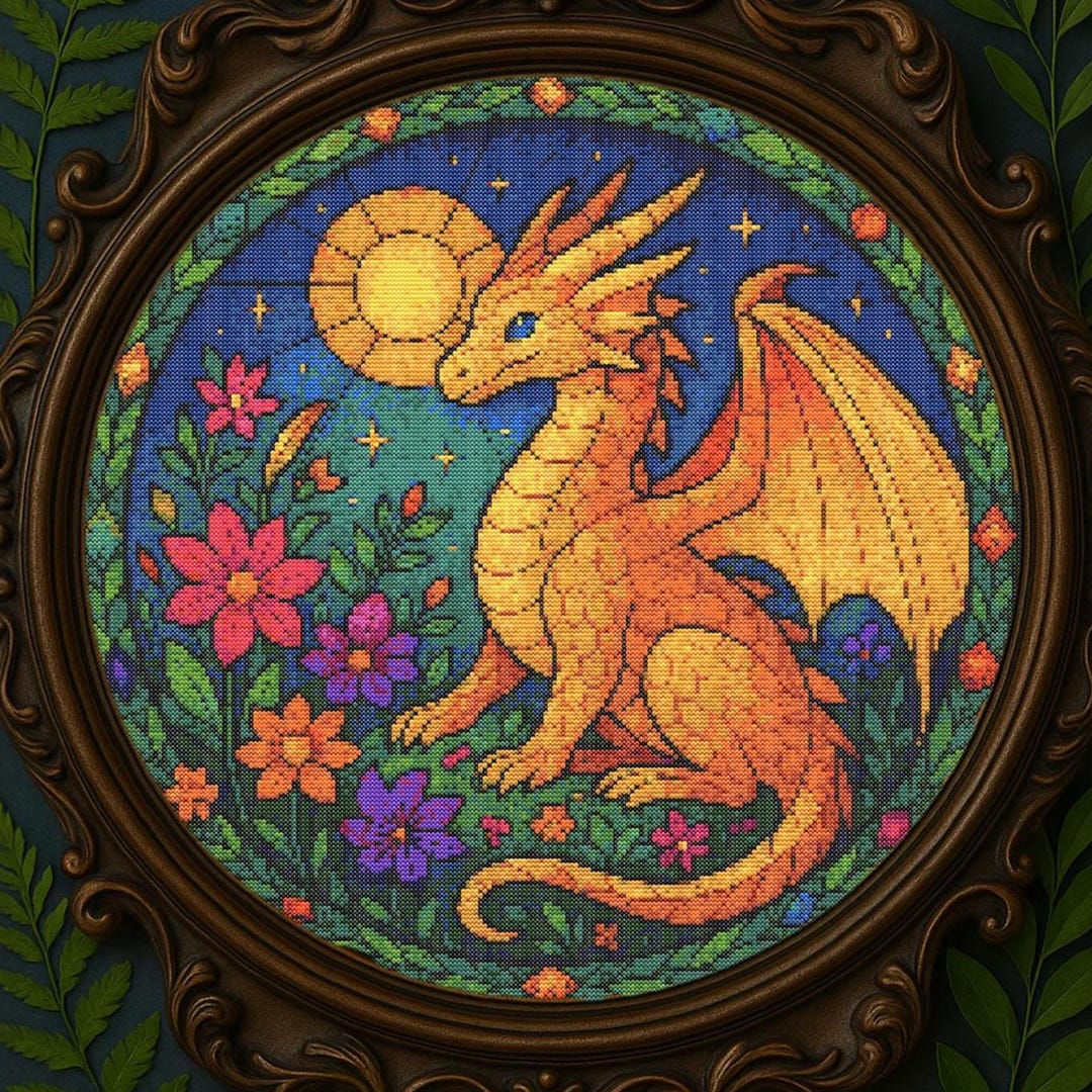 Floral Sun Dragon Cross Stitch Pattern Magical Golden Dragon With Sun ...