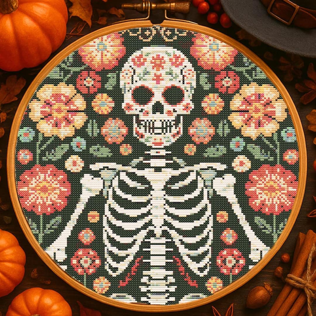 Gothic Skeleton Flowers Cross Stitch Pattern Halloween Floral Skull ...