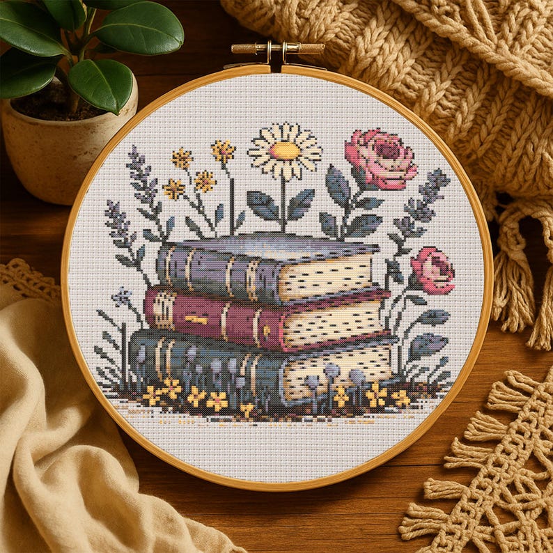 Floral Books Cross Stitch Pattern Botanical Book Stack Embroidery ...