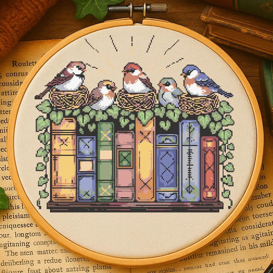 Whimsical Bookshelf With Birds Cross Stitch Pattern Cottagecore Bird ...