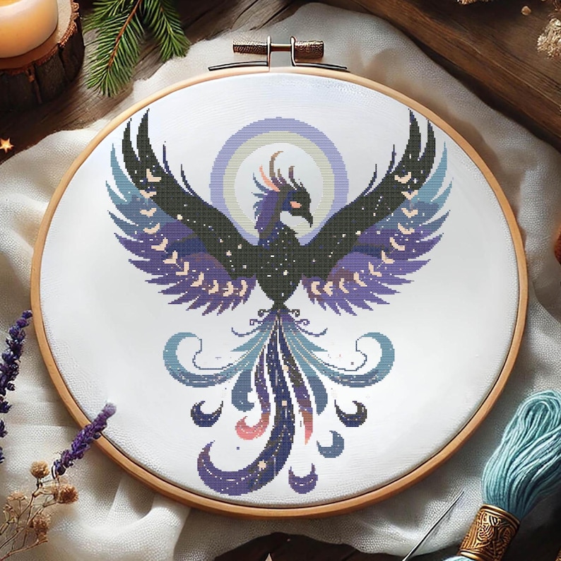 Celestial Phoenix Cross Stitch Pattern, Mythical Firebird Embroidery ...
