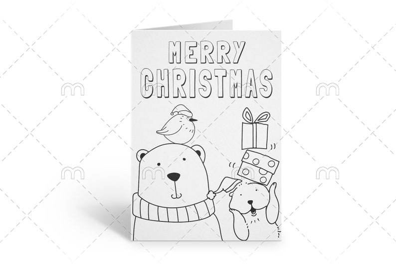 Coloring Christmas Cards Merry Christmas Card Printable | Etsy