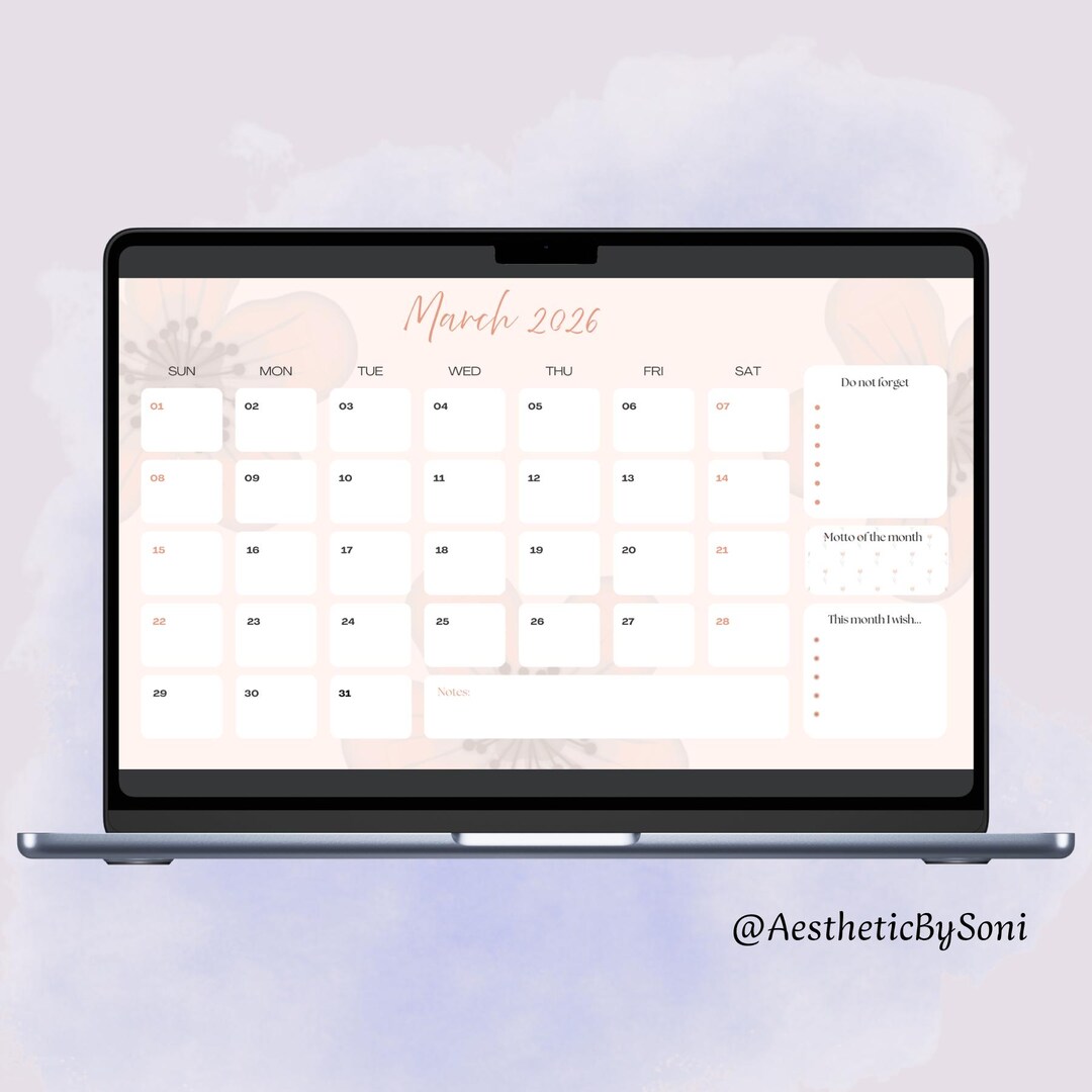March 2026 Digital Aesthetic Spring Themed Monthly Calendar Planner ...