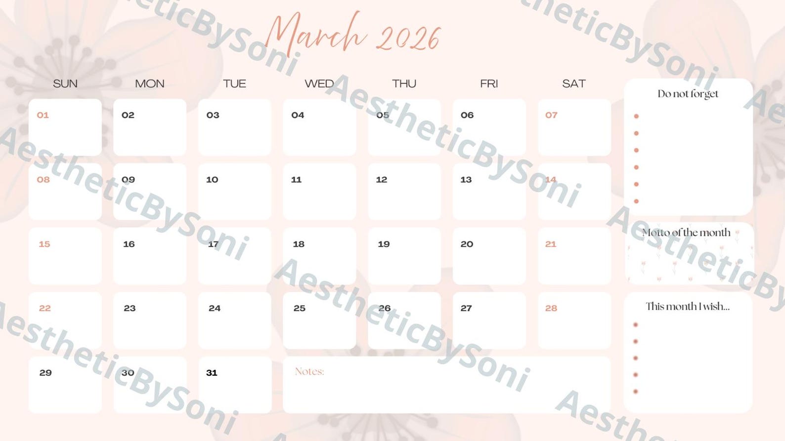 March 2026 Digital Aesthetic Spring Themed Monthly Calendar Planner ...