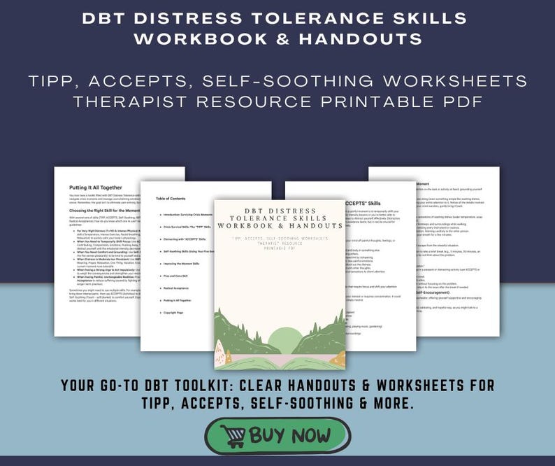 DBT Distress Tolerance Skills Workbook & Handouts | TIPP, Accepts, Self ...