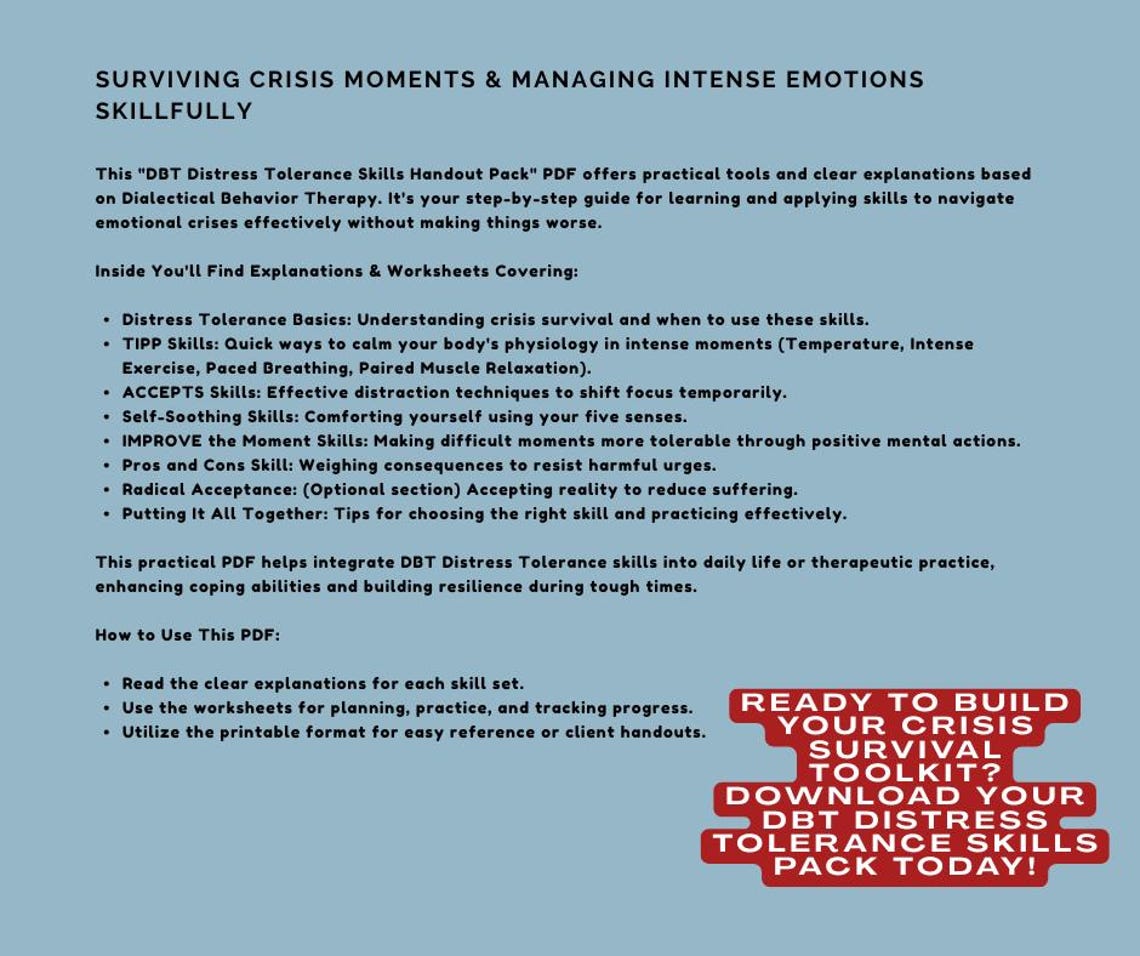 DBT Distress Tolerance Skills Workbook & Handouts | TIPP, Accepts, Self ...