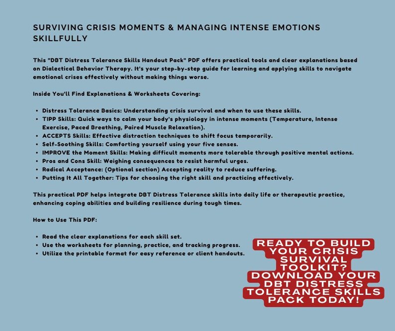 DBT Distress Tolerance Skills Workbook & Handouts | TIPP, Accepts, Self ...